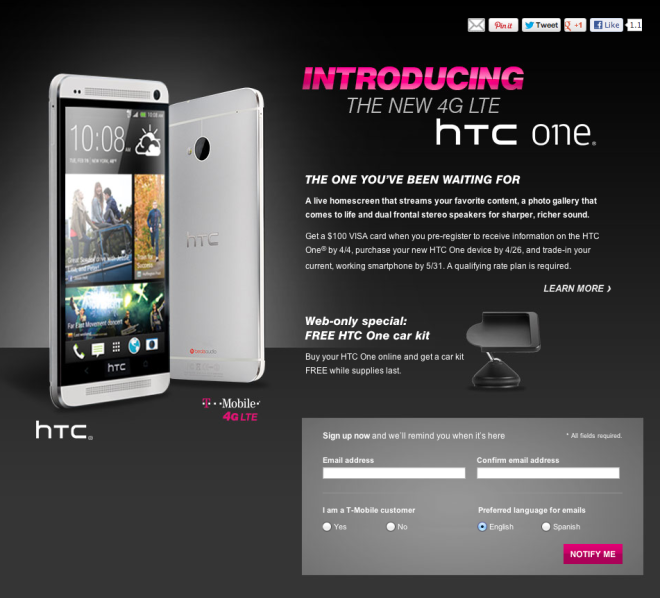 T-Mobile Updates HTC One Sign-Up Page With Free Car Kit Offer - TmoNews