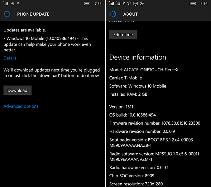 Alcatel Fierce XL with Windows 10 Mobile receiving new software update ...